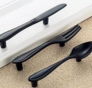 Sinyiol 2Pcs Matte Black Funny Cutlery Tableware Cabinet Pulls,Creative Spoon Fork Knife Shape 3" Hole Center Vintage Kitchen Cupboard Pulls Handles,Cute and Fun (2Pcs, Fork, Matte Black)