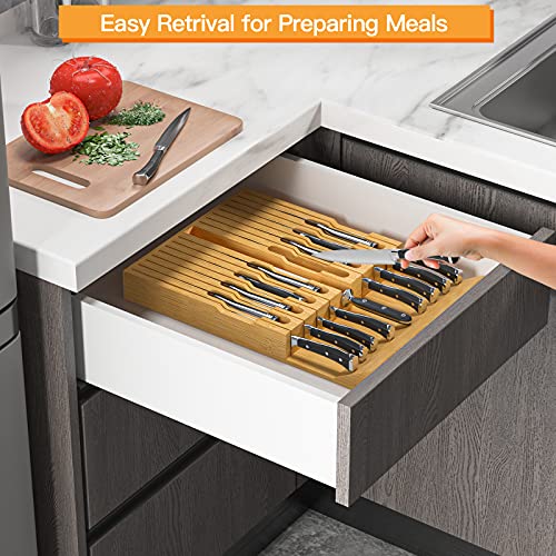 Bamboo Knife Block Holds Organizer in-Drawer Knife Insert Holder, Large Handle Steak Knife Holder Without Knives Storage