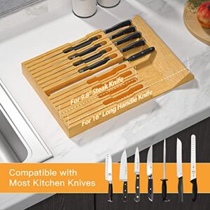 Bamboo Knife Block Holds Organizer in-Drawer Knife Insert Holder, Large Handle Steak Knife Holder Without Knives Storage