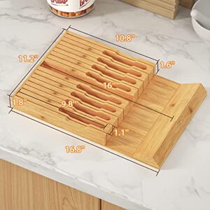 Bamboo Knife Block Holds Organizer in-Drawer Knife Insert Holder, Large Handle Steak Knife Holder Without Knives Storage