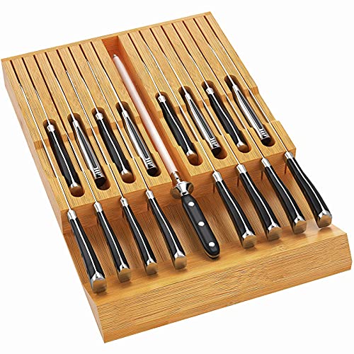 Bamboo Knife Block Holds Organizer in-Drawer Knife Insert Holder, Large Handle Steak Knife Holder Without Knives Storage