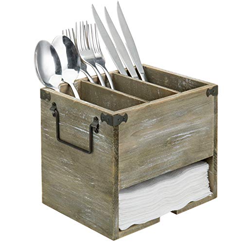 MyGift Rustic Brown Solid Wood Dining Utensil and Napkin Holder Storage Serving Caddy with 4 Compartments and Decorative Metal Handles