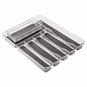 SIMPLEMADE Silverware Organizer Tray Set - 3 Piece Flatware Organizer for Drawer - Clear Cutlery Tray Drawer Insert with Easy Clean Liner - Multipurpose Storage for Kitchen, Office, Bathroom (Grey)