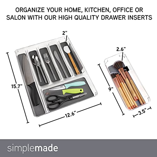 SIMPLEMADE Silverware Organizer Tray Set - 3 Piece Flatware Organizer for Drawer - Clear Cutlery Tray Drawer Insert with Easy Clean Liner - Multipurpose Storage for Kitchen, Office, Bathroom (Grey)