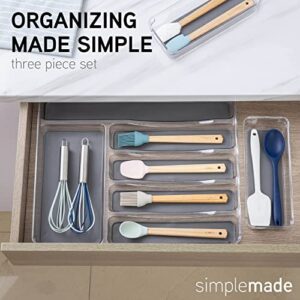 SIMPLEMADE Silverware Organizer Tray Set - 3 Piece Flatware Organizer for Drawer - Clear Cutlery Tray Drawer Insert with Easy Clean Liner - Multipurpose Storage for Kitchen, Office, Bathroom (Grey)