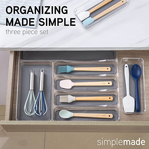 SIMPLEMADE Silverware Organizer Tray Set - 3 Piece Flatware Organizer for Drawer - Clear Cutlery Tray Drawer Insert with Easy Clean Liner - Multipurpose Storage for Kitchen, Office, Bathroom (Grey)