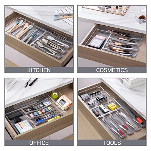 SIMPLEMADE Silverware Organizer Tray Set - 3 Piece Flatware Organizer for Drawer - Clear Cutlery Tray Drawer Insert with Easy Clean Liner - Multipurpose Storage for Kitchen, Office, Bathroom (Grey)