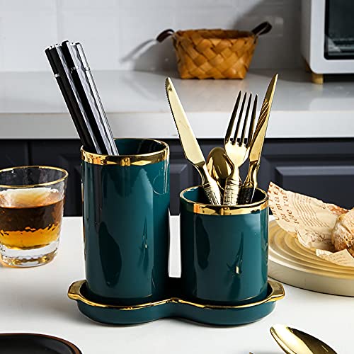 Yalych Utensil Caddy Chopstick Holder Ceramic Household, Kitchen Double-Layer Drain Chopstick Cage, Tableware Spoon and Fork Storage Tube Pen Holder (Color : Green)