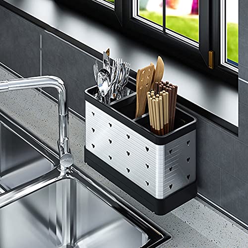 Yalych Utensil Caddy Storage Box Rack Kitchen Tableware Drain Chopstick Cage with Drain Tray Pen Holder