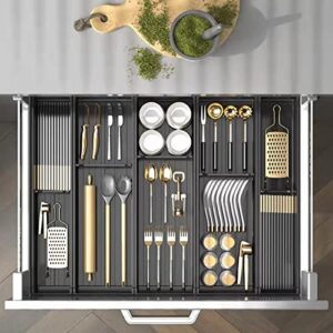 Black Kitchen Drawer Organizer with Two Adjustable Compartments,Flatware Organizer for Silverware,Cutlery or Kitchen Gadgets,Aluminum Body, Plastic Sliding Partition Plate and Handles (5.9W×16.14L)