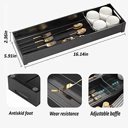 Black Kitchen Drawer Organizer with Two Adjustable Compartments,Flatware Organizer for Silverware,Cutlery or Kitchen Gadgets,Aluminum Body, Plastic Sliding Partition Plate and Handles (5.9W×16.14L)