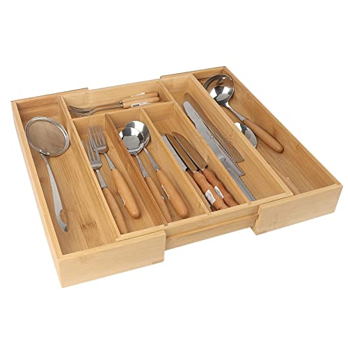 KAHOO Bamboo Kitchen Drawer Organizer, Kitchen Drawer Organizer and Utensil Organizer, Silverware Organizer with Grooved Drawer Dividers for Kitchen Utensil and Flatware Bedroom Office