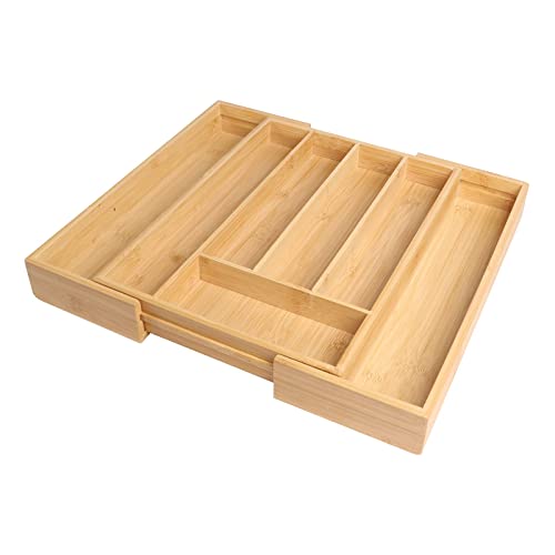 KAHOO Bamboo Kitchen Drawer Organizer, Kitchen Drawer Organizer and Utensil Organizer, Silverware Organizer with Grooved Drawer Dividers for Kitchen Utensil and Flatware Bedroom Office