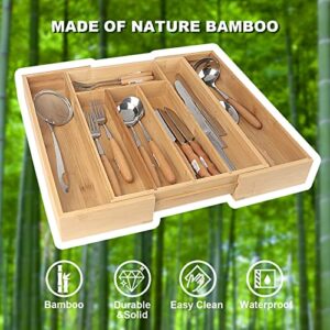 KAHOO Bamboo Kitchen Drawer Organizer, Kitchen Drawer Organizer and Utensil Organizer, Silverware Organizer with Grooved Drawer Dividers for Kitchen Utensil and Flatware Bedroom Office