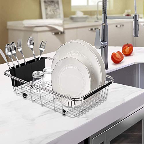 Expandable Dish Drying Rack Over The Sink Dish Rack for Kitchen in Sink or On Counter Dish Drainer with Black Utensil Holder, Rustproof SUS304