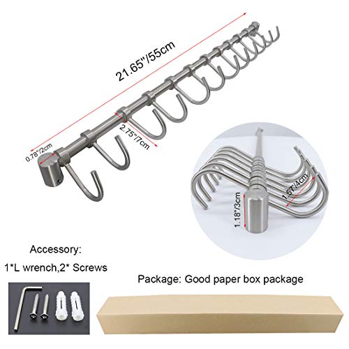 YIHAIXINGWEI Utensil Racks 22Inch Kitchen hanger 304 Stainless Steel Wall Hanging Rail Rod Wall Mount Pot Rack Pans Flatware Storage Organization holder With 12 Sliding Hooks.