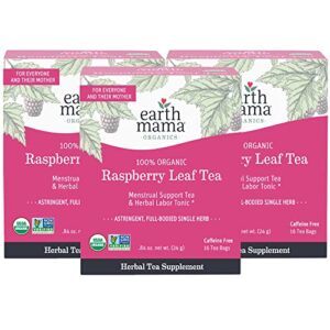 earth mama organic raspberry leaf tea bags |labor tonic + menstrual support, 16 teabags per box (3-pack)