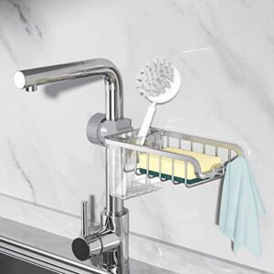 TOOLF Sponge Holder Kitchen Sink Caddy, Aluminum Over Faucet Rack with Brush Holder and 2 Hooks, Hanging Sink Organizer for Scrubbers, Dishwand, Dish Cloth, Soap, Sink Stopper on Kitchen, Bathroom