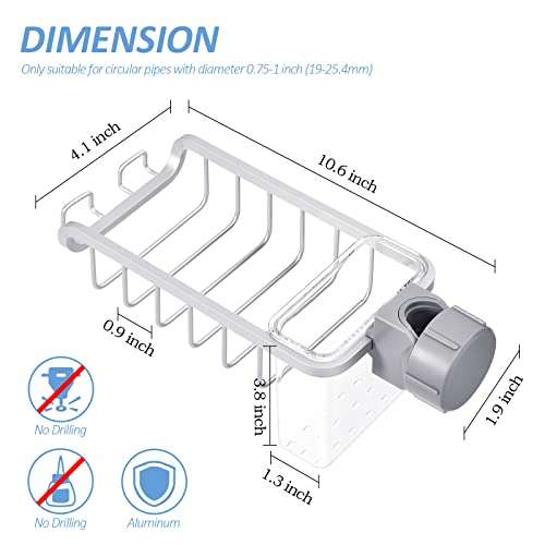 TOOLF Sponge Holder Kitchen Sink Caddy, Aluminum Over Faucet Rack with Brush Holder and 2 Hooks, Hanging Sink Organizer for Scrubbers, Dishwand, Dish Cloth, Soap, Sink Stopper on Kitchen, Bathroom