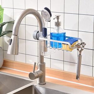 TOOLF Sponge Holder Kitchen Sink Caddy, Aluminum Over Faucet Rack with Brush Holder and 2 Hooks, Hanging Sink Organizer for Scrubbers, Dishwand, Dish Cloth, Soap, Sink Stopper on Kitchen, Bathroom