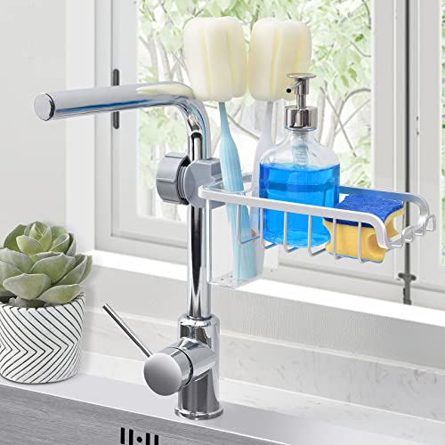 TOOLF Sponge Holder Kitchen Sink Caddy, Aluminum Over Faucet Rack with Brush Holder and 2 Hooks, Hanging Sink Organizer for Scrubbers, Dishwand, Dish Cloth, Soap, Sink Stopper on Kitchen, Bathroom