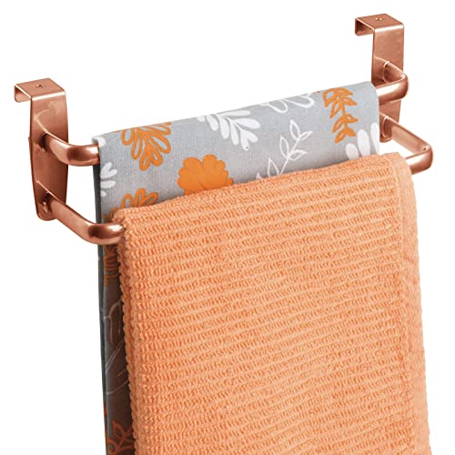 mDesign Metal Modern Kitchen Over Cabinet Double Towel Bar Rack - Hang on Inside or Outside of Doors, Storage and Organization for Hand, Dish, Tea Towels - 9.84" Wide - Copper