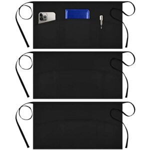 syntus 3 pack server aprons with 3 pockets, waterdrop resistant waitress waiter waist apron, 11.5-inch black