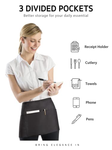 Syntus 3 Pack Server Aprons with 3 Pockets, Waterdrop Resistant Waitress Waiter Waist Apron, 11.5-inch Black