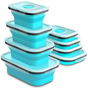 set of 4 collapsible foldable silicone food storage container with bpa free, leftover meal box with airtight plastic lids for kitchen (blue)