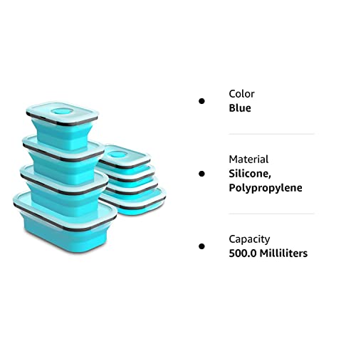 Set of 4 Collapsible Foldable Silicone Food Storage Container With BPA Free, Leftover Meal Box With Airtight Plastic Lids For Kitchen (Blue)