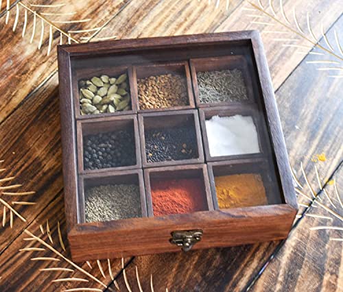 Ajuny Wooden 9 Containers Masala Dabba Spice Box with Glass Lid on Top and Spoon, 5.5x20.5 Cm