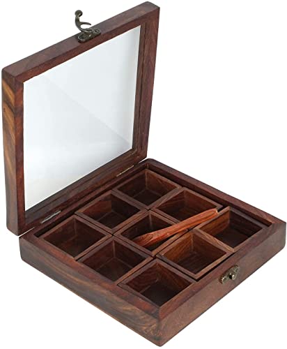 Ajuny Wooden 9 Containers Masala Dabba Spice Box with Glass Lid on Top and Spoon, 5.5x20.5 Cm