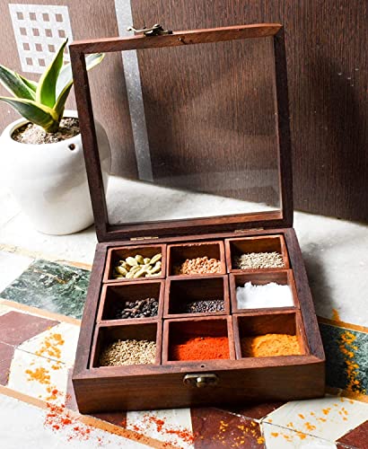 Ajuny Wooden 9 Containers Masala Dabba Spice Box with Glass Lid on Top and Spoon, 5.5x20.5 Cm