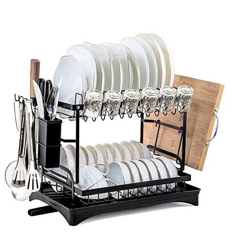 KEASINESS 2 Tier Stainless Steel Dish Racks, Compact Dish Drying Rack Metal Dish Drainer Kitchen Counter with Drainboard