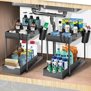 2 tier under sink organizers and storage, 2 pack taller sturdy under cabinet organizer with sliding out drawers basket, hooks, cups, bathroom under sink cabinet organizer kitchen organizer and storage