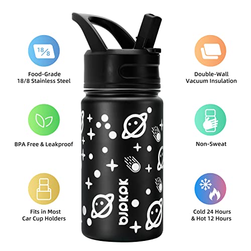 BJPKPK Kids Water Bottle with Straw Lid, 15oz Stainless Steel Water Bottles, Insulated Water Bottle for School, Reusable Leak Proof BPA Free Flask, Space Traveller