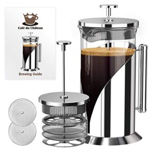 cafe du chateau french press coffee maker – heat resistant glass with 4 level filtration system, stainless steel housing – brews coffee and tea – large 34 oz carafe coffee presser