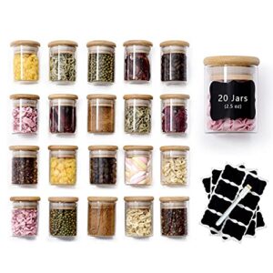 zpgxlrz 20 pcs glass spice jars with airtight bamboo lids, labels and pen, 2.5oz mini clear food storage containers for the pantry, kitchen canisters for tea, herbs, sugar, salt, coffee and more