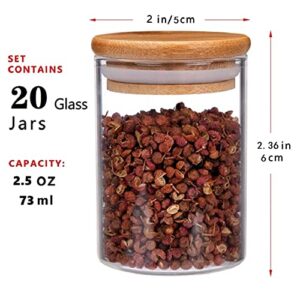 ZPGXLRZ 20 Pcs Glass Spice Jars with Airtight Bamboo Lids, Labels and Pen, 2.5oz Mini Clear Food Storage Containers for the Pantry, Kitchen Canisters for Tea, Herbs, Sugar, Salt, Coffee and More