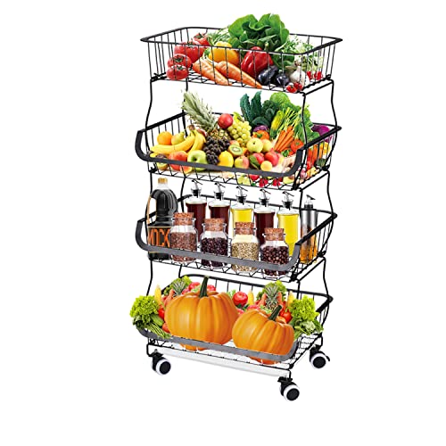 Buruis 4 Tier Stackable Storage Baskets, Metal Wire Fruit Vegetable Basket Organizer Bins with Casters, Adjustable Anti-Skid Feet, Plastic Tray, Utility Rack for Kitchen, Pantry, Bathroom (Black)