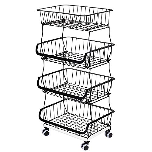 Buruis 4 Tier Stackable Storage Baskets, Metal Wire Fruit Vegetable Basket Organizer Bins with Casters, Adjustable Anti-Skid Feet, Plastic Tray, Utility Rack for Kitchen, Pantry, Bathroom (Black)