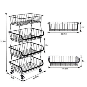 Buruis 4 Tier Stackable Storage Baskets, Metal Wire Fruit Vegetable Basket Organizer Bins with Casters, Adjustable Anti-Skid Feet, Plastic Tray, Utility Rack for Kitchen, Pantry, Bathroom (Black)