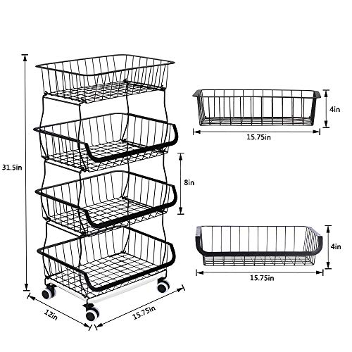 Buruis 4 Tier Stackable Storage Baskets, Metal Wire Fruit Vegetable Basket Organizer Bins with Casters, Adjustable Anti-Skid Feet, Plastic Tray, Utility Rack for Kitchen, Pantry, Bathroom (Black)