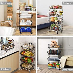 Buruis 4 Tier Stackable Storage Baskets, Metal Wire Fruit Vegetable Basket Organizer Bins with Casters, Adjustable Anti-Skid Feet, Plastic Tray, Utility Rack for Kitchen, Pantry, Bathroom (Black)