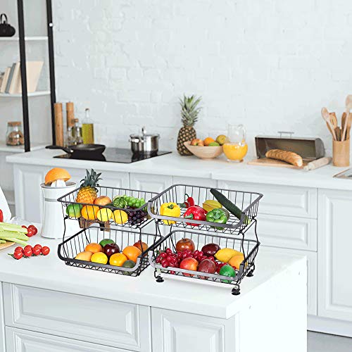 Buruis 4 Tier Stackable Storage Baskets, Metal Wire Fruit Vegetable Basket Organizer Bins with Casters, Adjustable Anti-Skid Feet, Plastic Tray, Utility Rack for Kitchen, Pantry, Bathroom (Black)