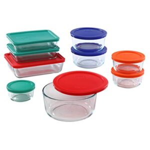 pyrex simply store 18-pc glass food storage containers set, round & rectangle glass storage containers with lid, bpa-free lids, non-pourous glass, dishwasher, microwave, fridge and freezer safe