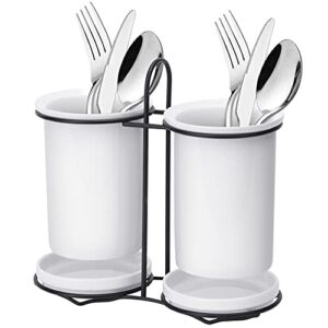 kitchen utensil holder, ceramic utensils crock for countertop, cooking utensil crock with drain holes and metal rack , utensil organizer for countertop, easy to clean for party, home, counter-white