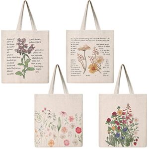 4 pieces canvas tote bag flowers shopping bag gift beautiful floral tote bag aesthetic reusable grocery shopping bag trendy school tote book lover tote gift makeup bags for girls women girlfriend