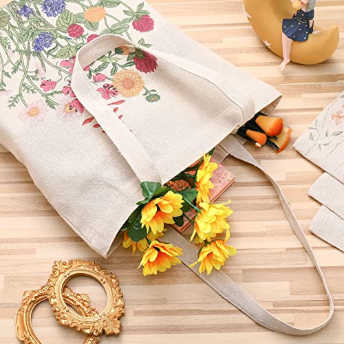 4 Pieces Canvas Tote Bag Flowers Shopping Bag Gift Beautiful Floral Tote Bag Aesthetic Reusable Grocery Shopping Bag Trendy School Tote Book Lover Tote Gift Makeup Bags for Girls Women Girlfriend