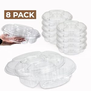 [8 Pack] 10 Inch Round Plastic Appetizer Tray with Lid - 5 Compartment Container, Food Serving Dip Platter, Disposable Clear PET Storage, Kids Snack, Veggie Fruit Travel Organizer for Party and Buffet